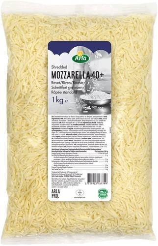 Mozzarella Arla pro 40+ (21%), revet, 1 kg - Ost - Oregano Huset